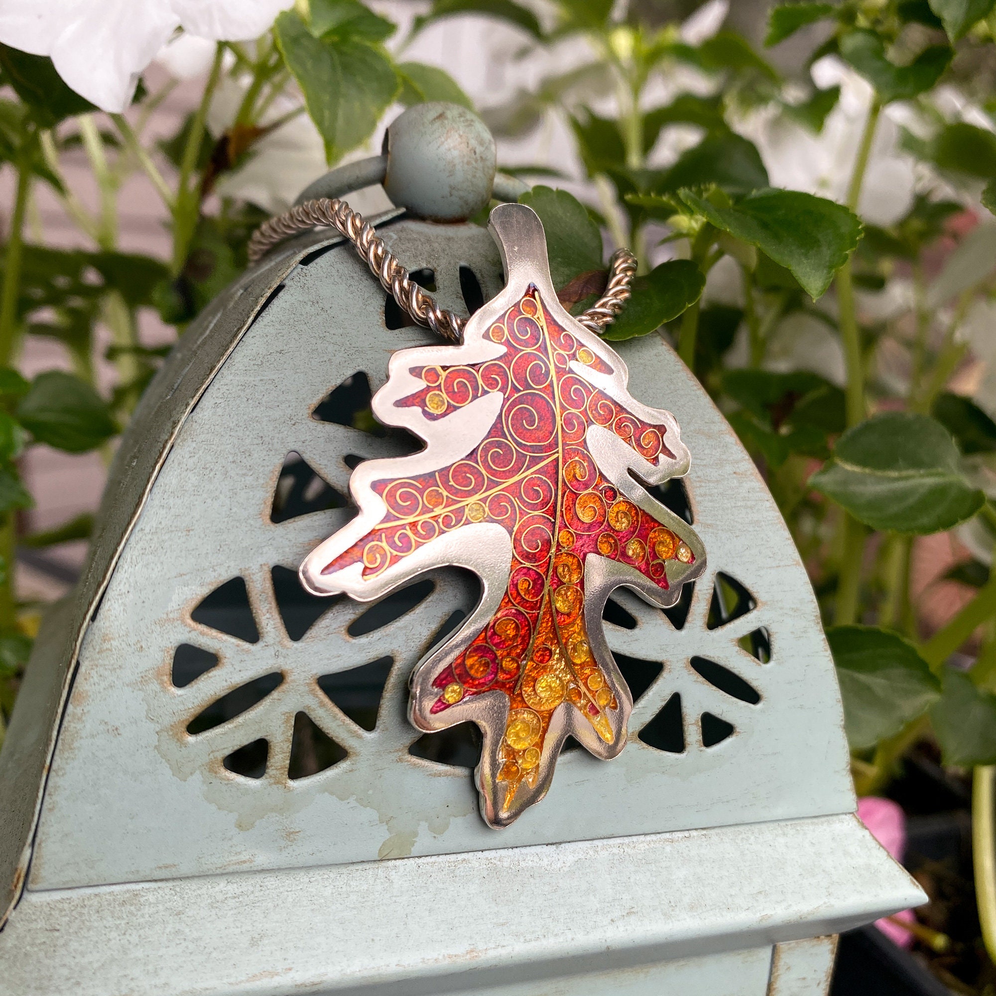 Ruby Autumn Leaf Cloisonne & Champleve Enamel Pendant W 24k Gold ...
