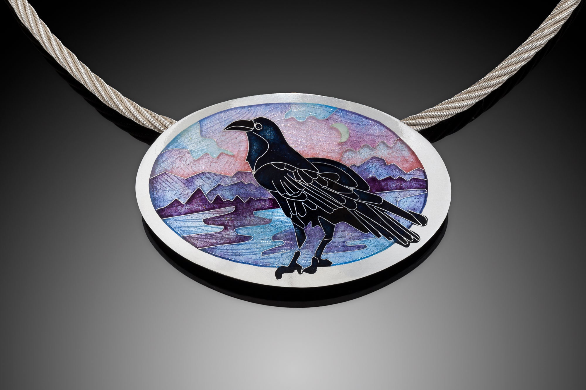 Winter Raven Cloisonne & Champleve Enamel Pendant on Fine Silver Black ...