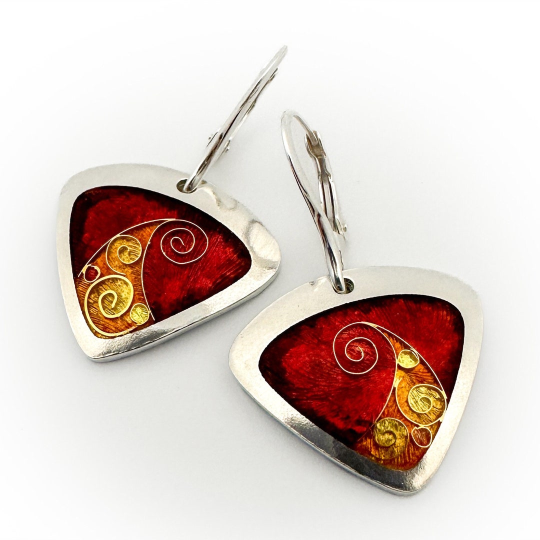 Ruby Red Triangle Earrings - 24k Gold Wires Cloisonné & Champlevé ...
