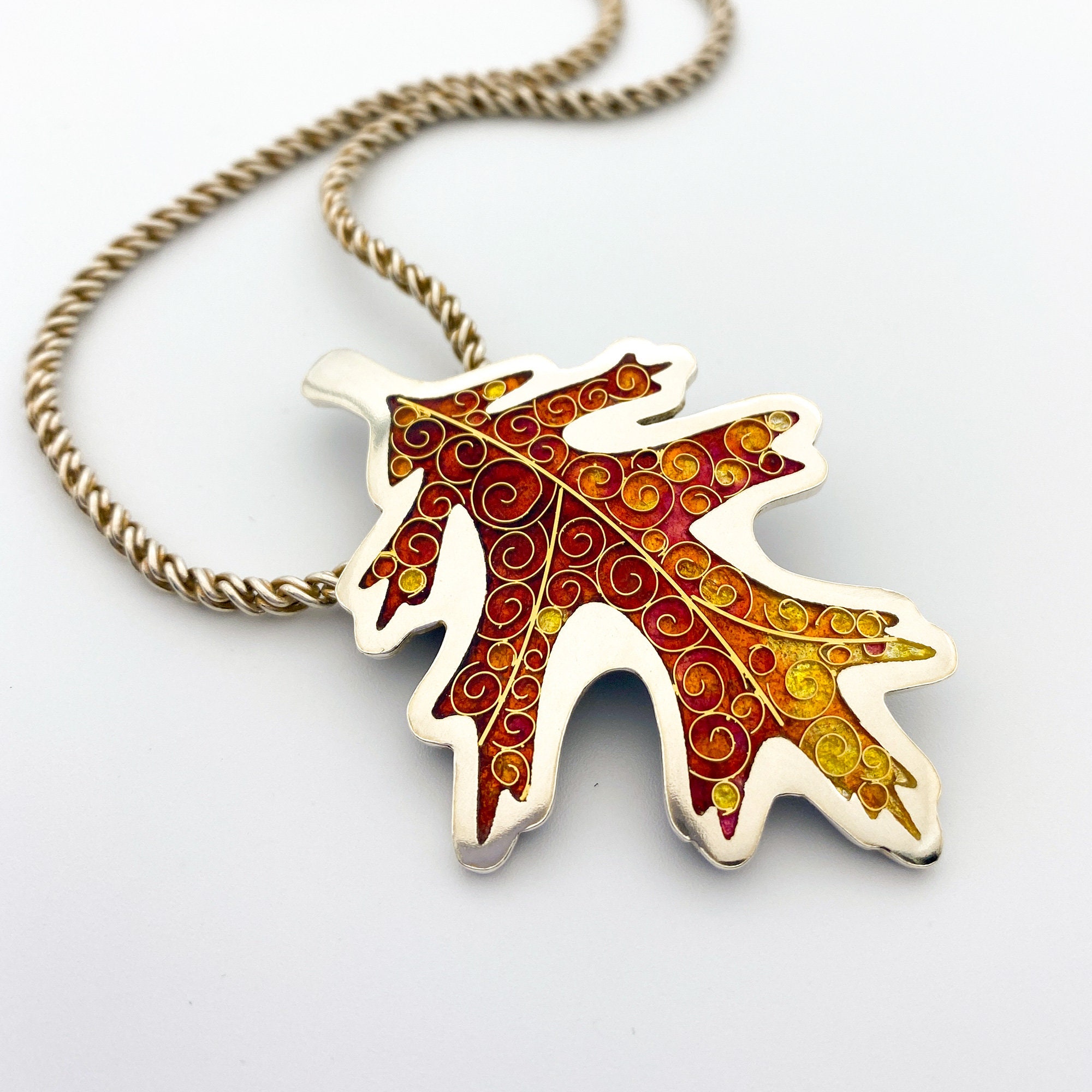 Ruby Autumn Leaf Cloisonne & Champleve Enamel Pendant W 24k Gold ...