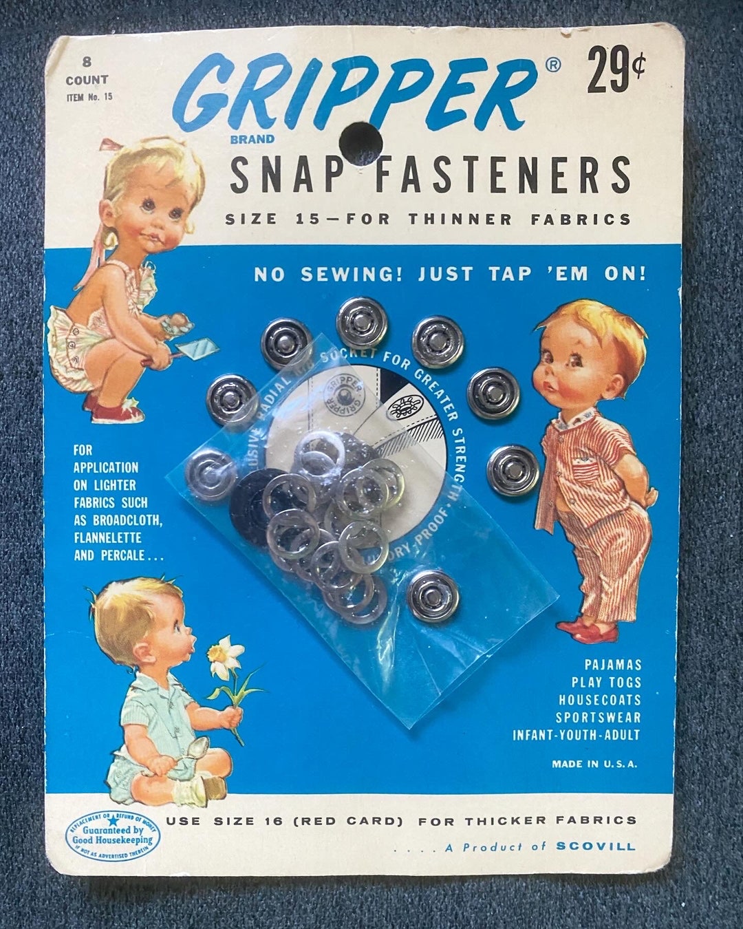 Vintage Gripper Snap Fasteners Original 1950 Card NOS USA MCM Sewing ...