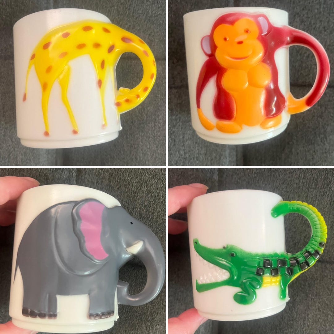 Vintage 1970s Animal Mugs Child Monkey Giraffe Elephant Gator Cups Set ...