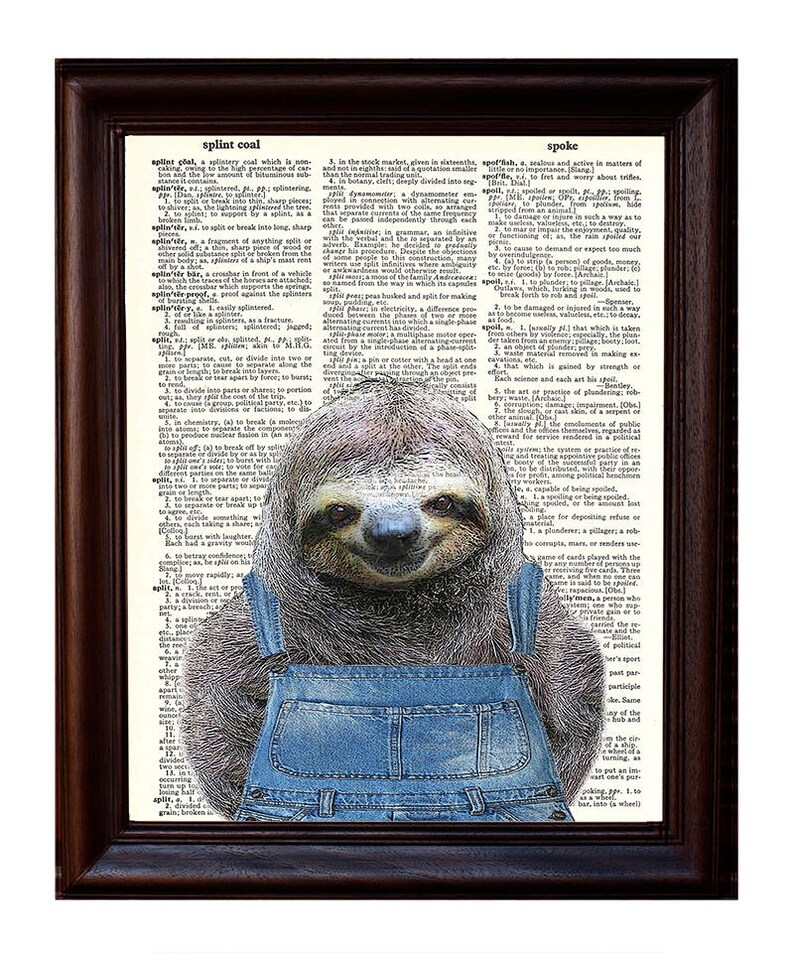 Sloth in Overalls Dictionary Art Print - Etsy