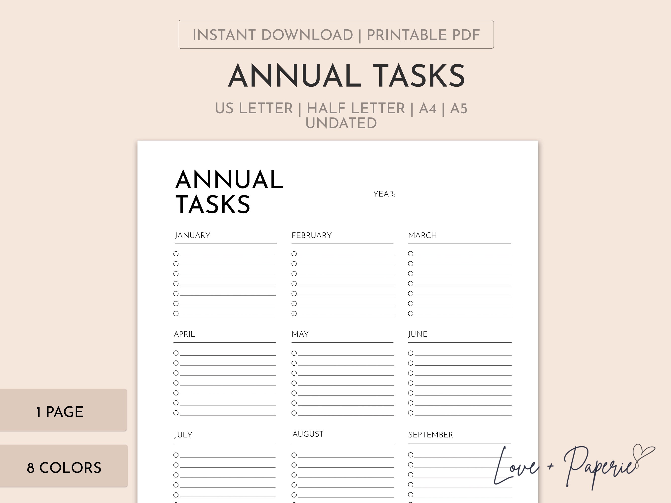 Printable Annual Task List | Printable Task List | Planner Insert ...