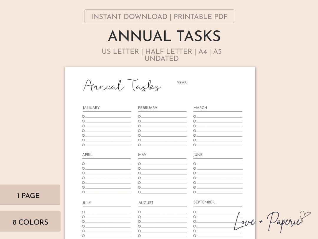 Printable Annual Task List | Printable Task List | Planner Insert ...