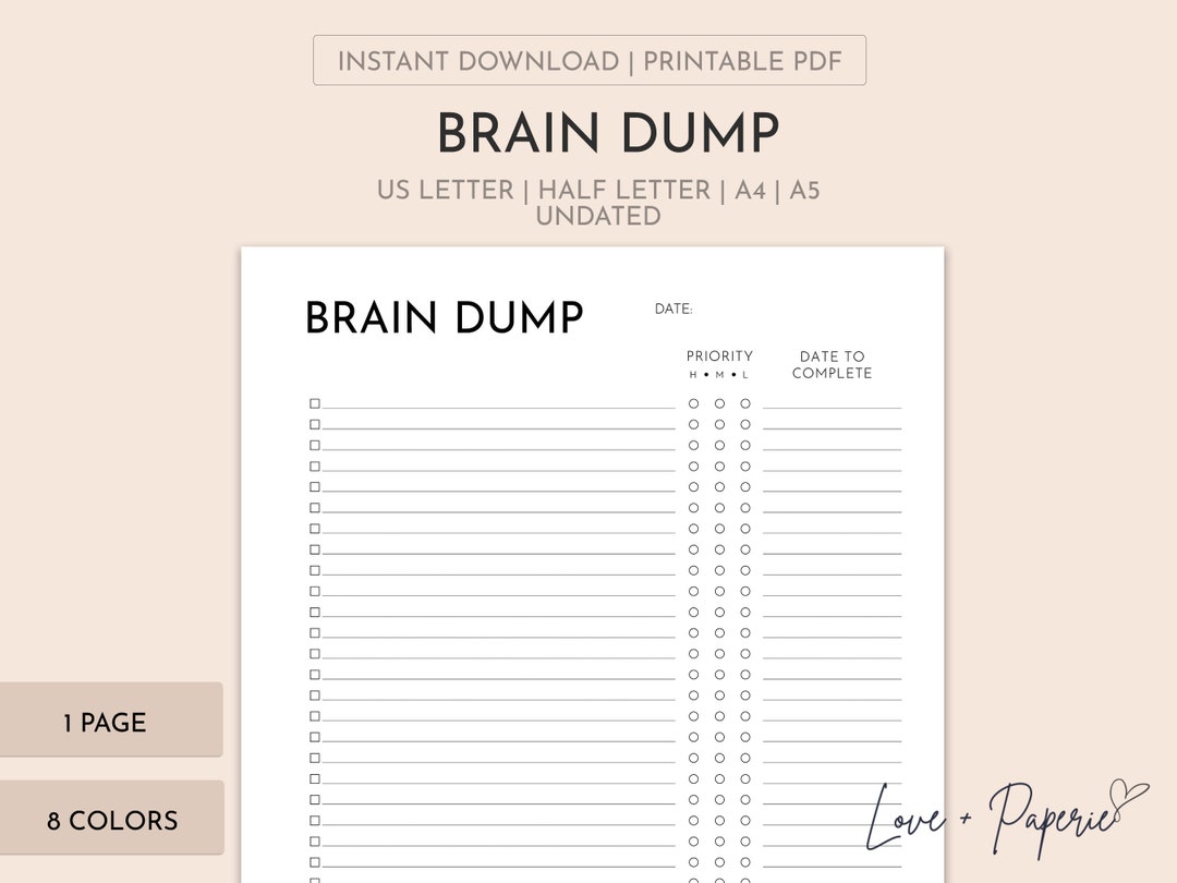 Printable Brain Dump | Printable Task List | Planner Insert | Undated ...