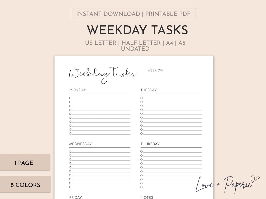 Printable Weekday Task List | Printable Task List | Planner Insert ...