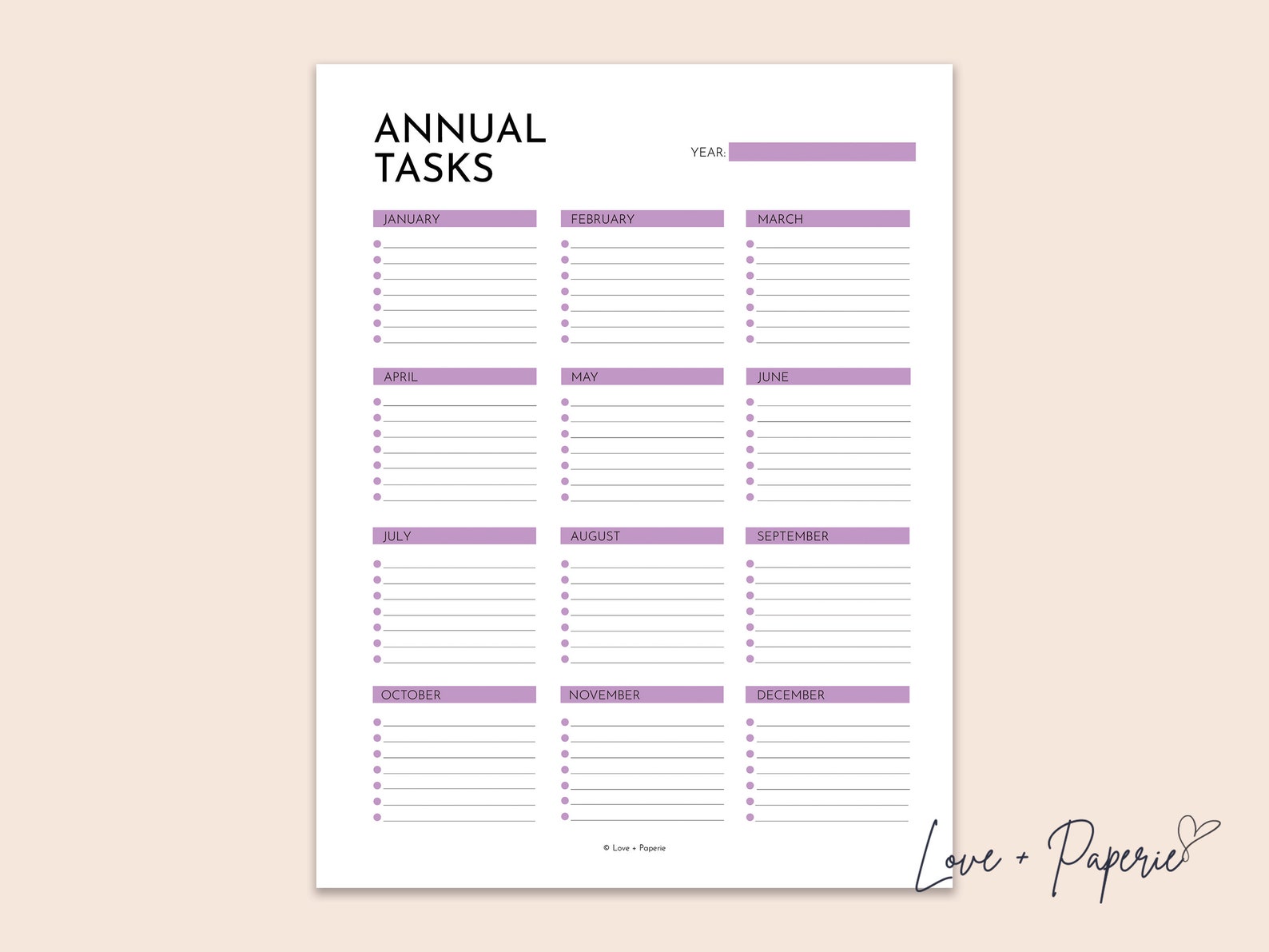 Printable Annual Task List | Printable Task List | Planner Insert ...