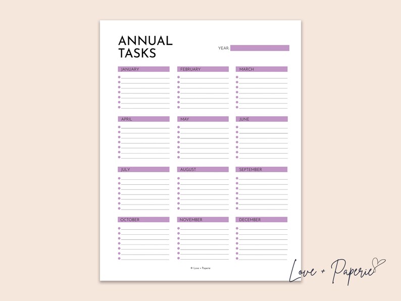 Printable Annual Task List | Printable Task List | Planner Insert ...