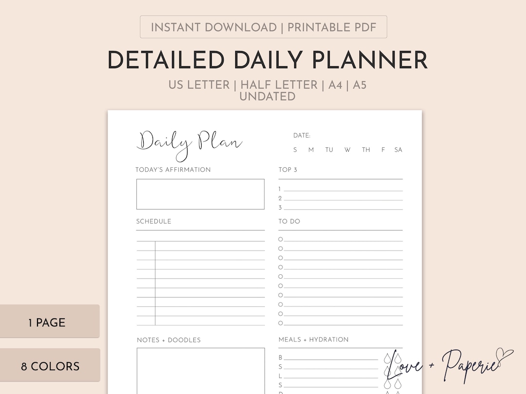 Printable Detailed Daily Planner | Daily Planner Insert | Undated | A4 ...