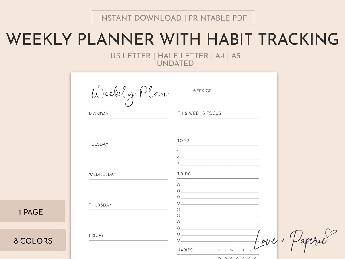 Printable Weekly Plan With Habit Tracker | Weekly Planner Insert | A4 ...