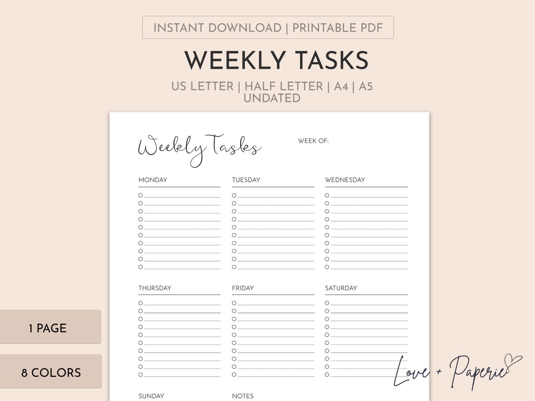 Printable Weekly Task List | Printable Task List | Planner Insert ...
