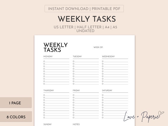 Printable Weekly Task List Printable Task List Planner | Etsy