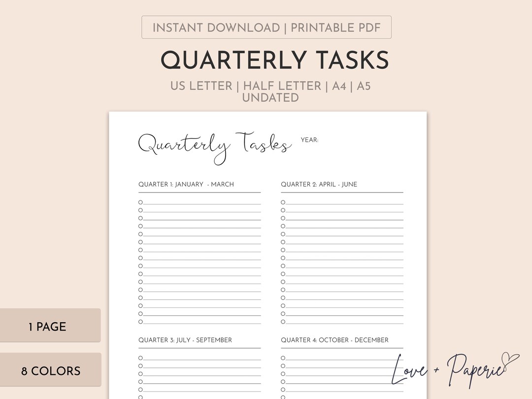 Printable Quarterly Task List | Printable Task List | Planner Insert ...