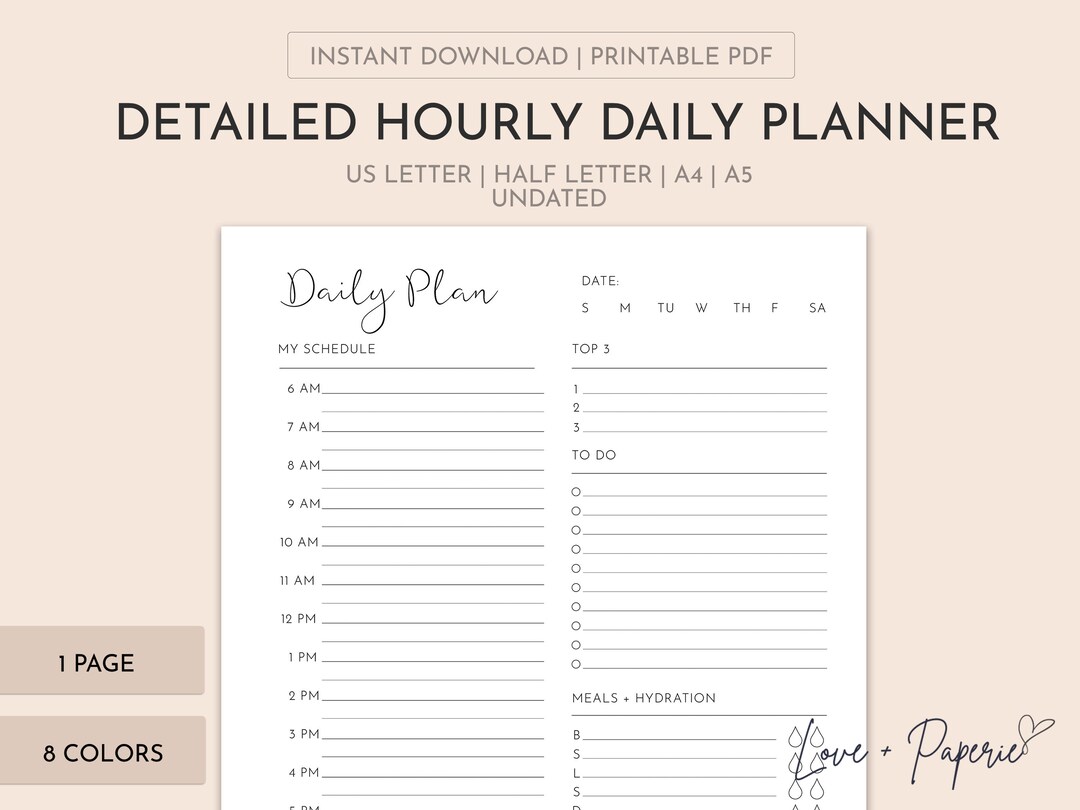 Printable Detailed Hourly Daily Planner | Daily Planner Insert ...