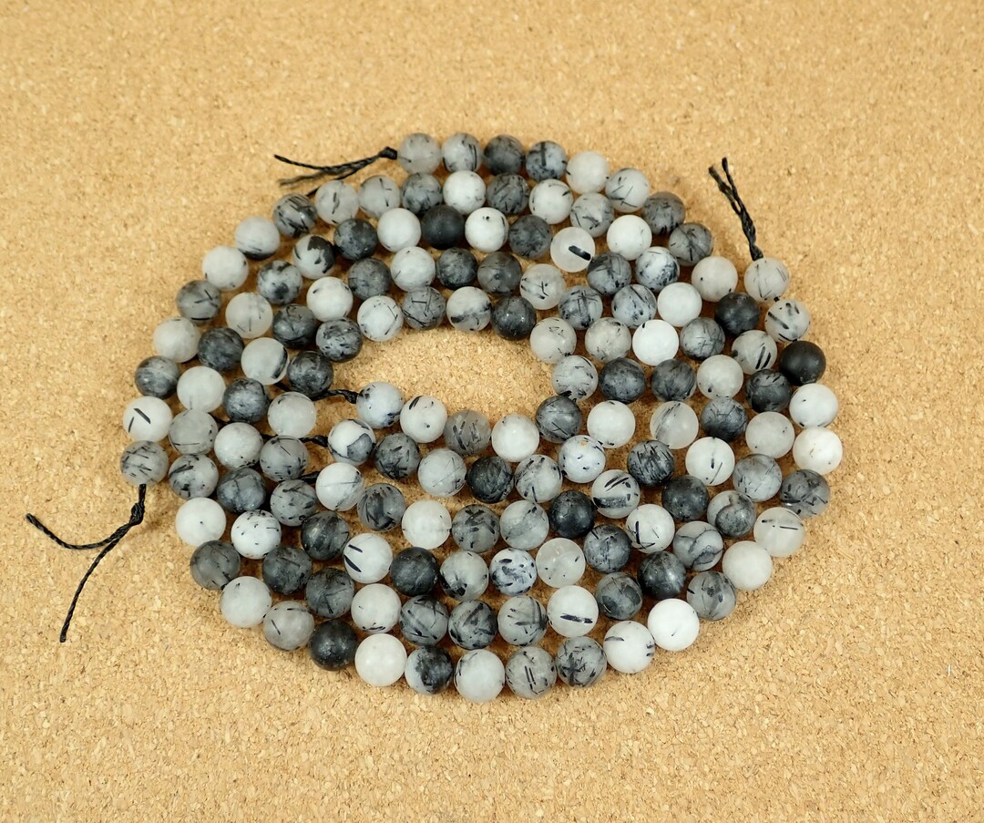 8mm Tourmalinated Quartz Beads - Matte White Quartz With Black ...