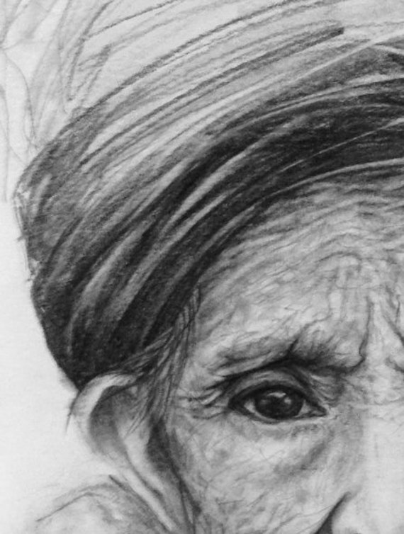 Original Pencil Drawing Old Woman Portrait Wrinkled Hands