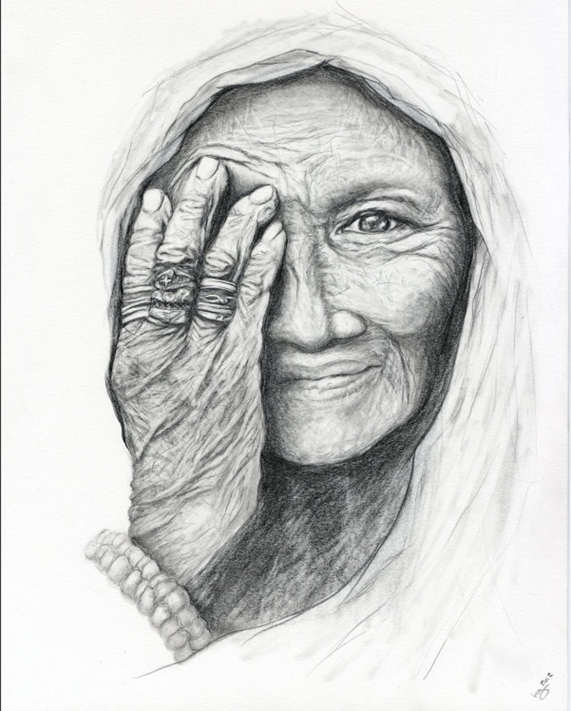 Original Pencil Drawing Old Woman Portrait Wrinkled Hands With Rings ...