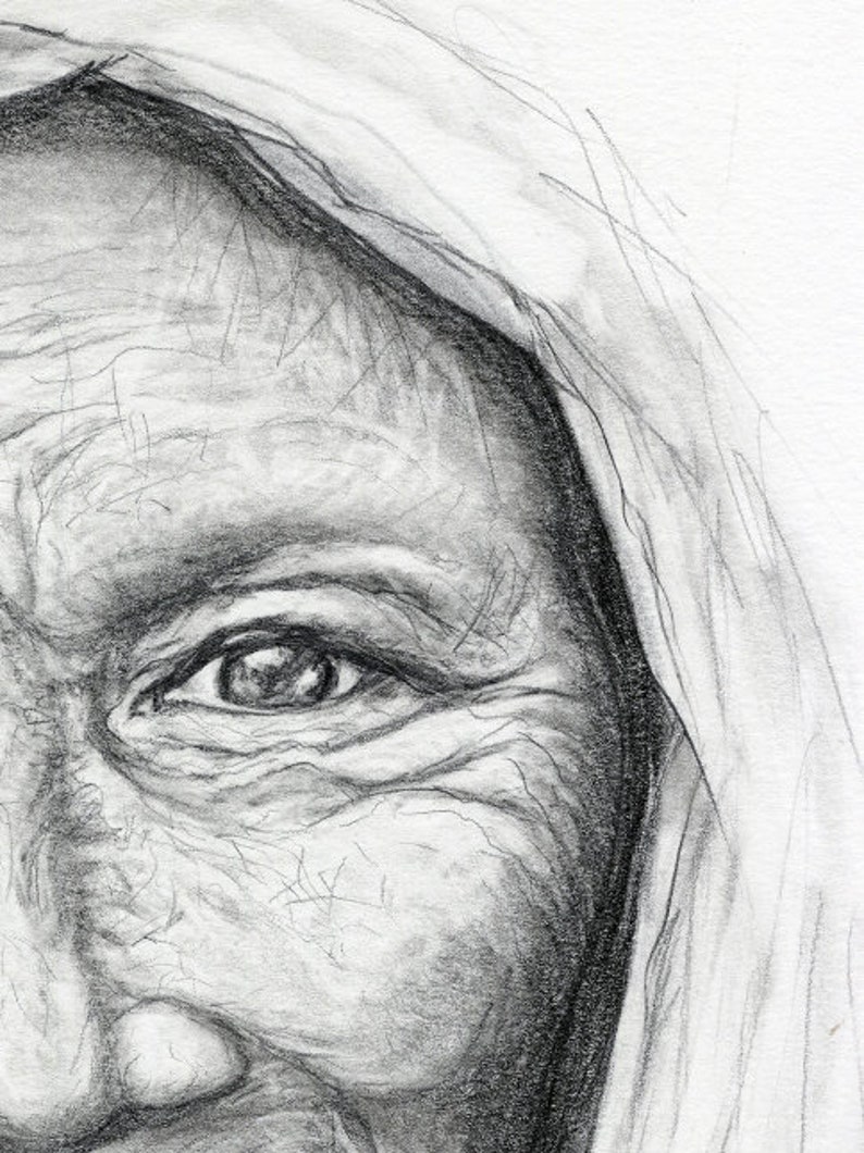 Portrait Drawing Of Elderly Woman With Wrinkled Hand Wearing Rings Original Pencil Drawing Art