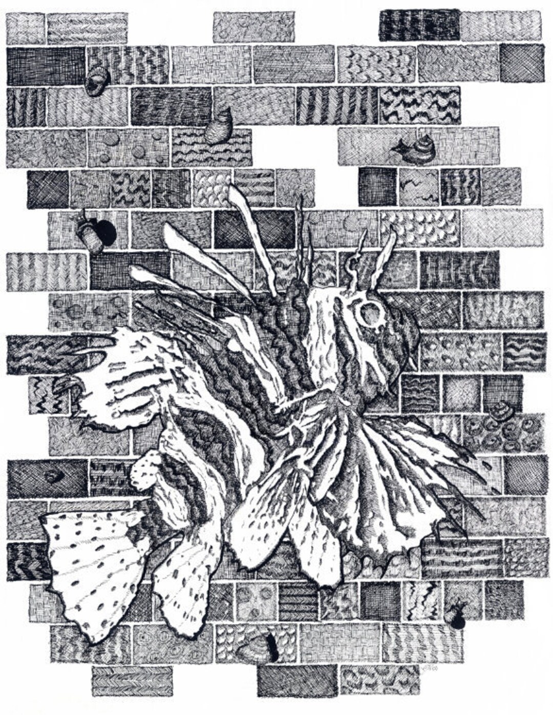 Pez León en una pared de ladrillos pluma y tinta original arte - Etsy ...