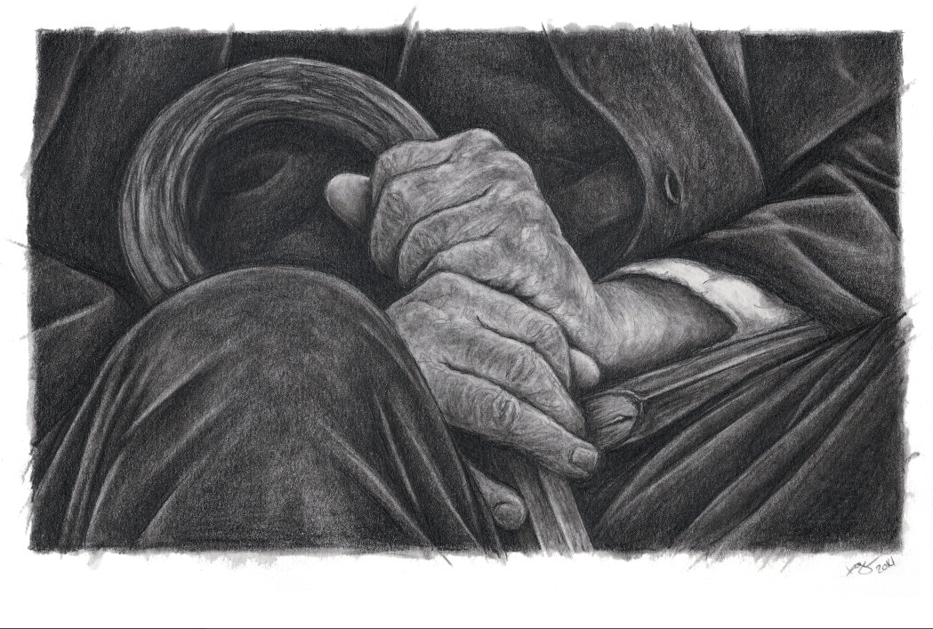 Amish Hands Pencil Drawing Old Man Holding Cane and Book Original Art ...