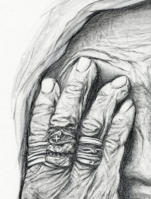 Portrait Drawing of Elderly Woman With Wrinkled Hand Wearing Rings ...