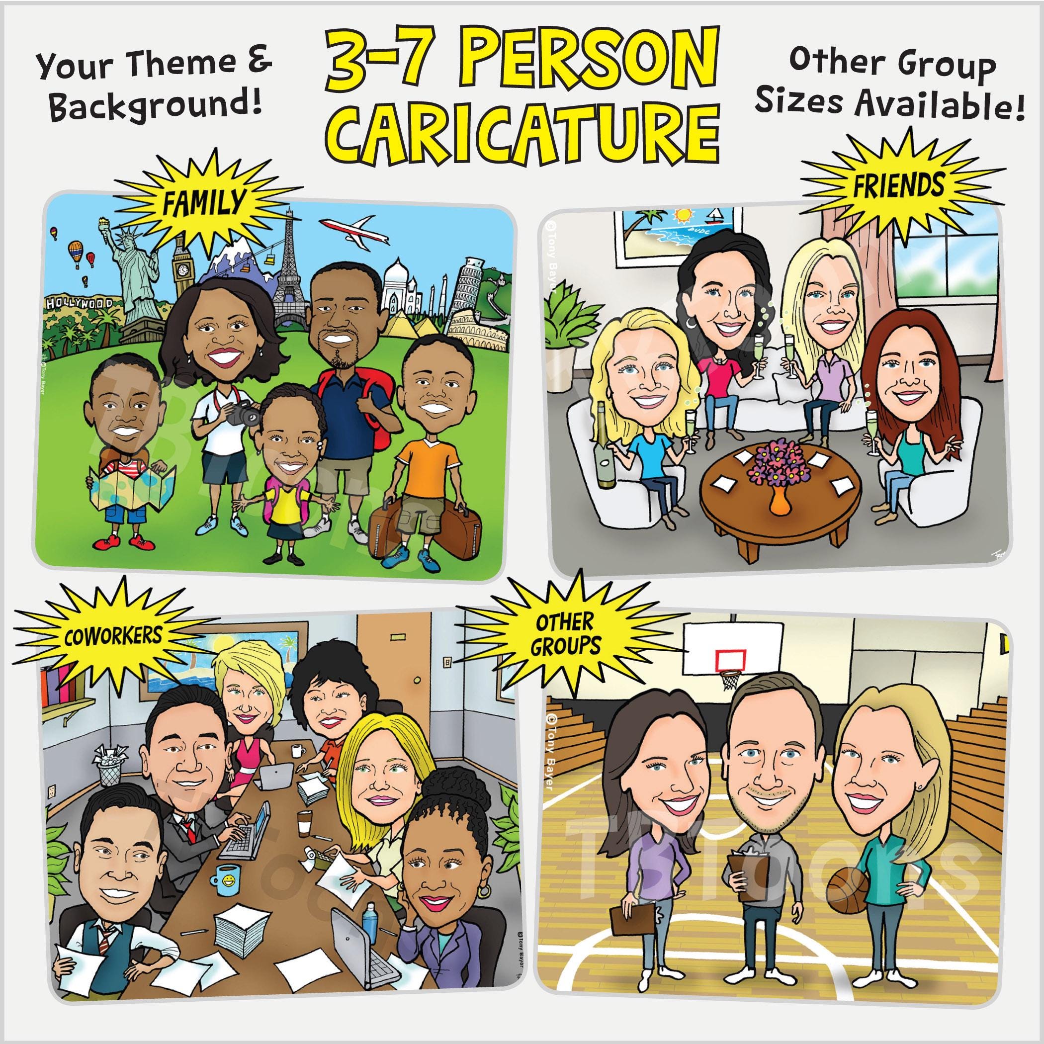 Custom Caricature Portrait (3-7ppl) Personalized Digital Cartoon ...