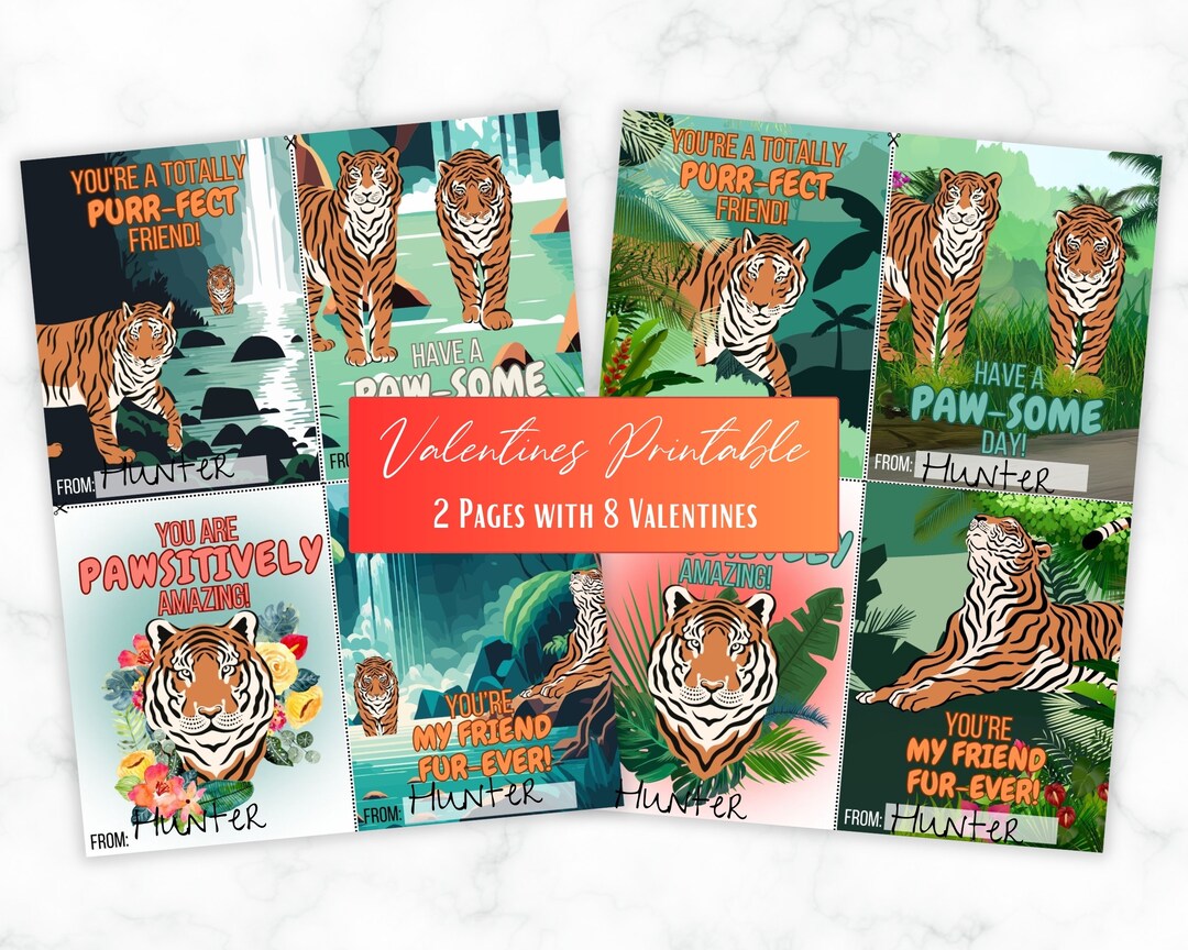 Tiger Valentine's Day Cards - Set of 8 - Instant Download - Printable ...