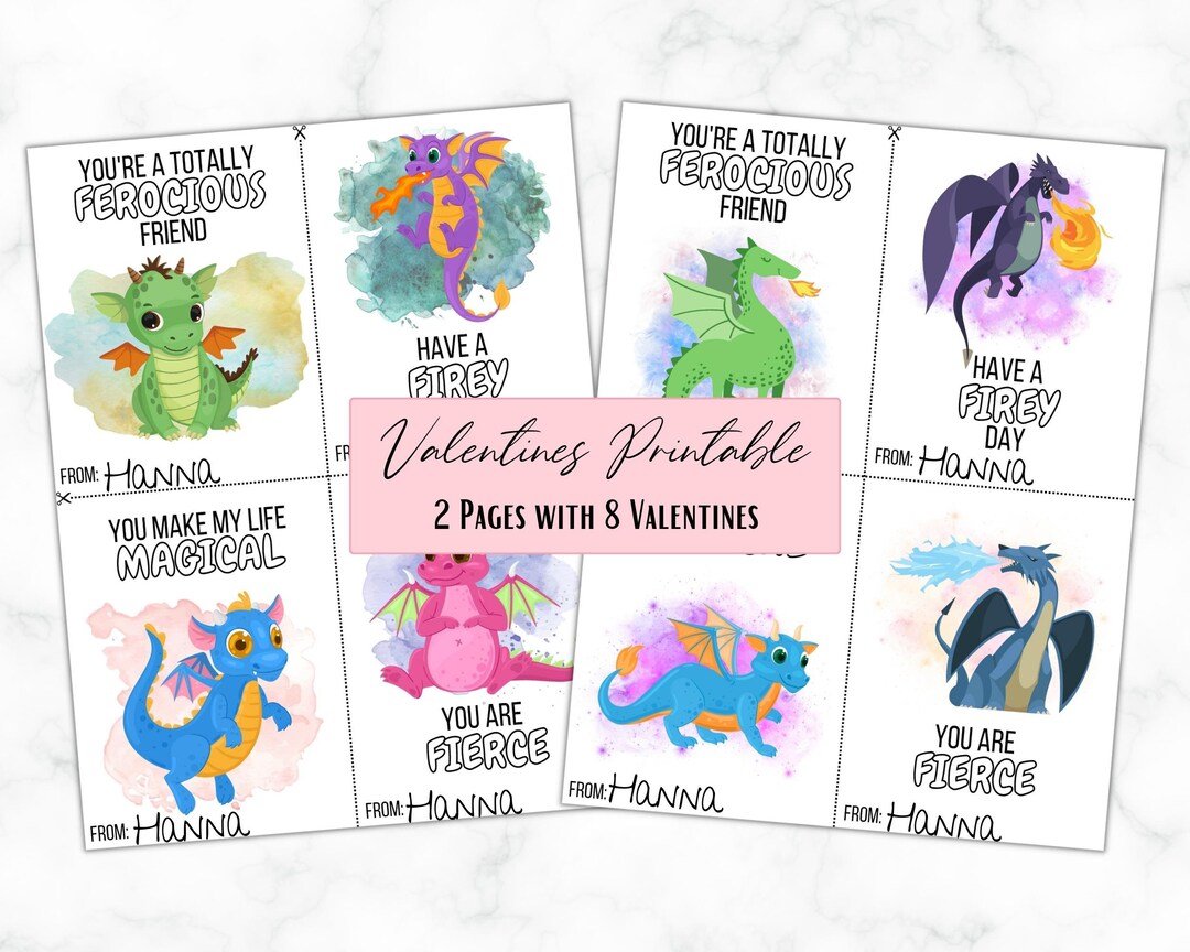 Magical Cute Dragons Valentine's Day Cards - Set of 8 - Instant ...
