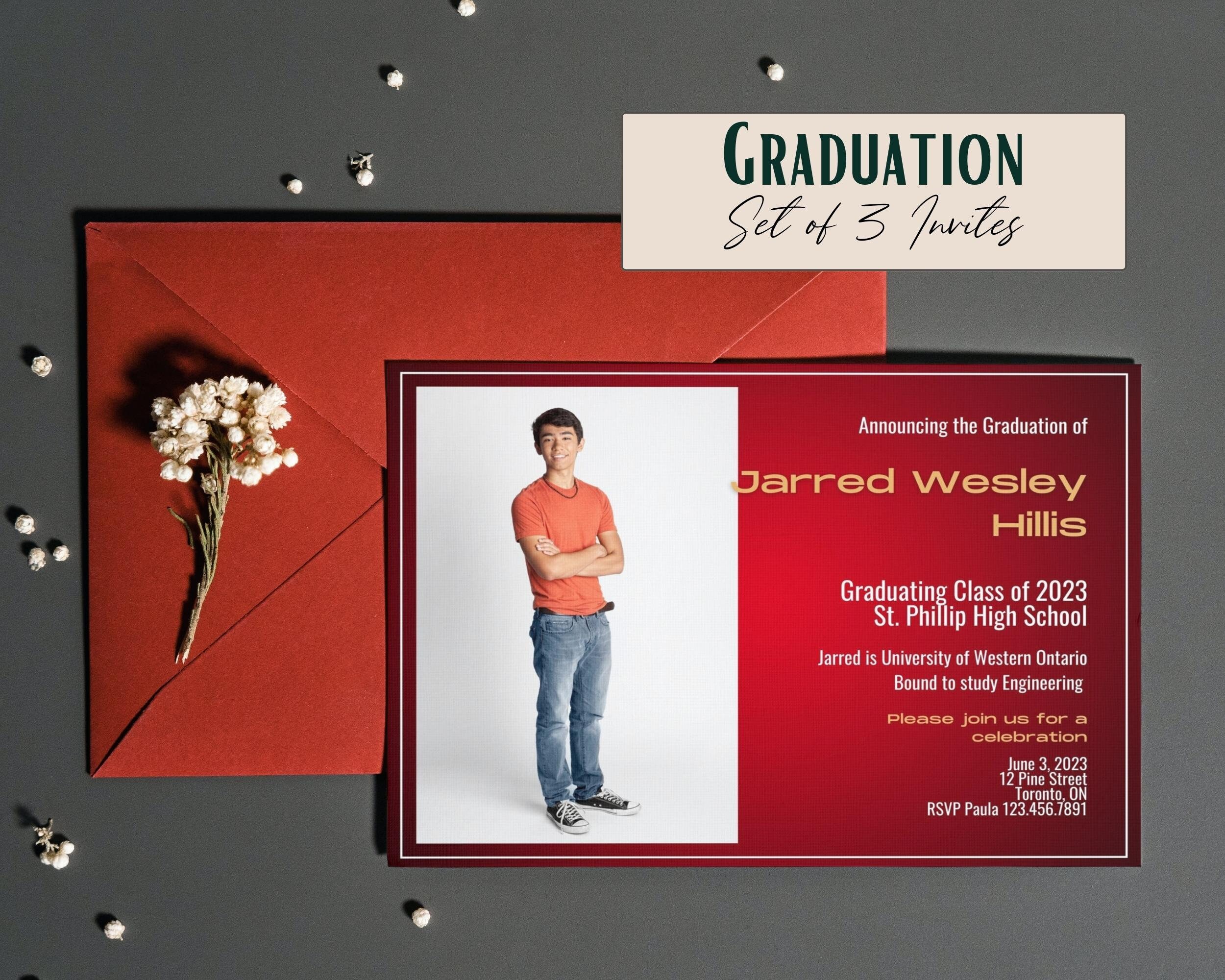 Custom School Colors Red & Gold 2023 Grad Announcement - Set of 3 ...