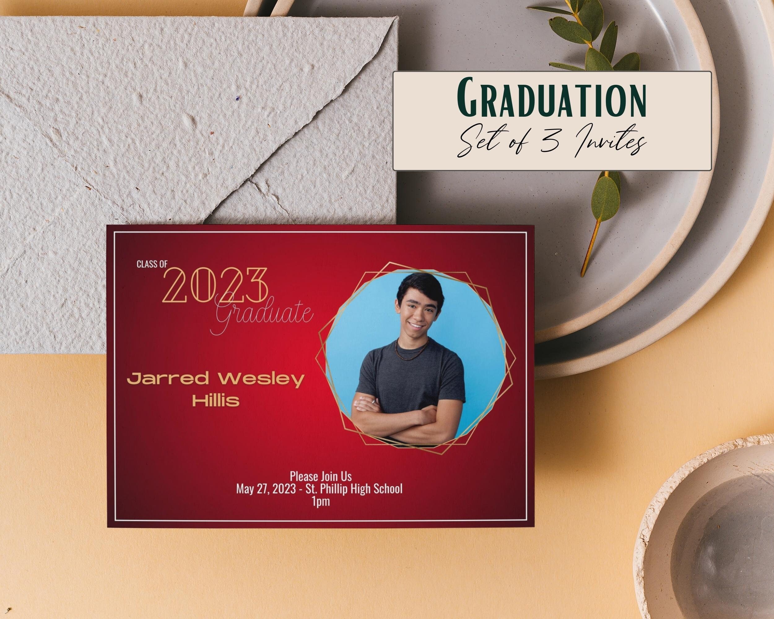 Custom School Colors Red & Gold 2023 Grad Announcement - Set of 3 ...