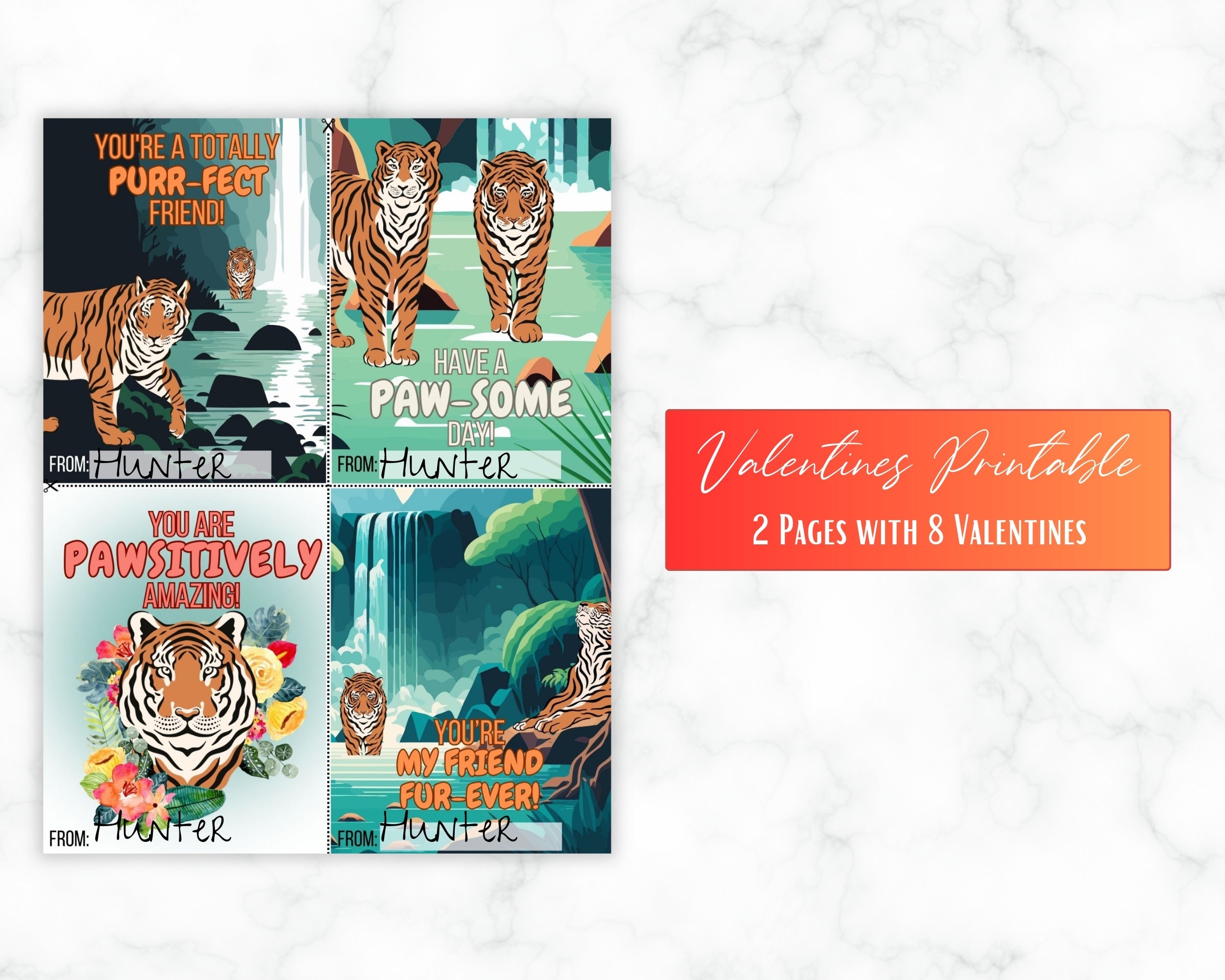 Tiger Valentine's Day Cards - Set of 8 - Instant Download - Printable ...