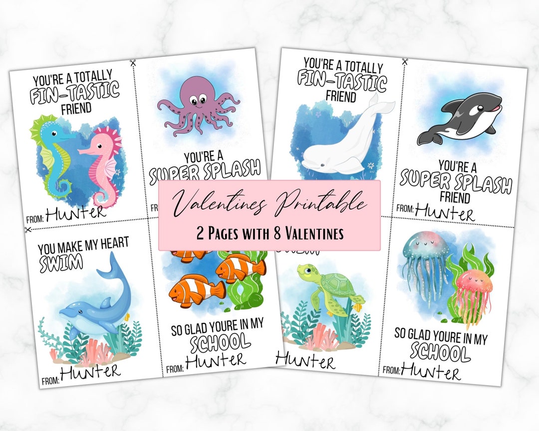 Ocean Life Valentine's Day Cards - Set of 8 - Instant Download ...