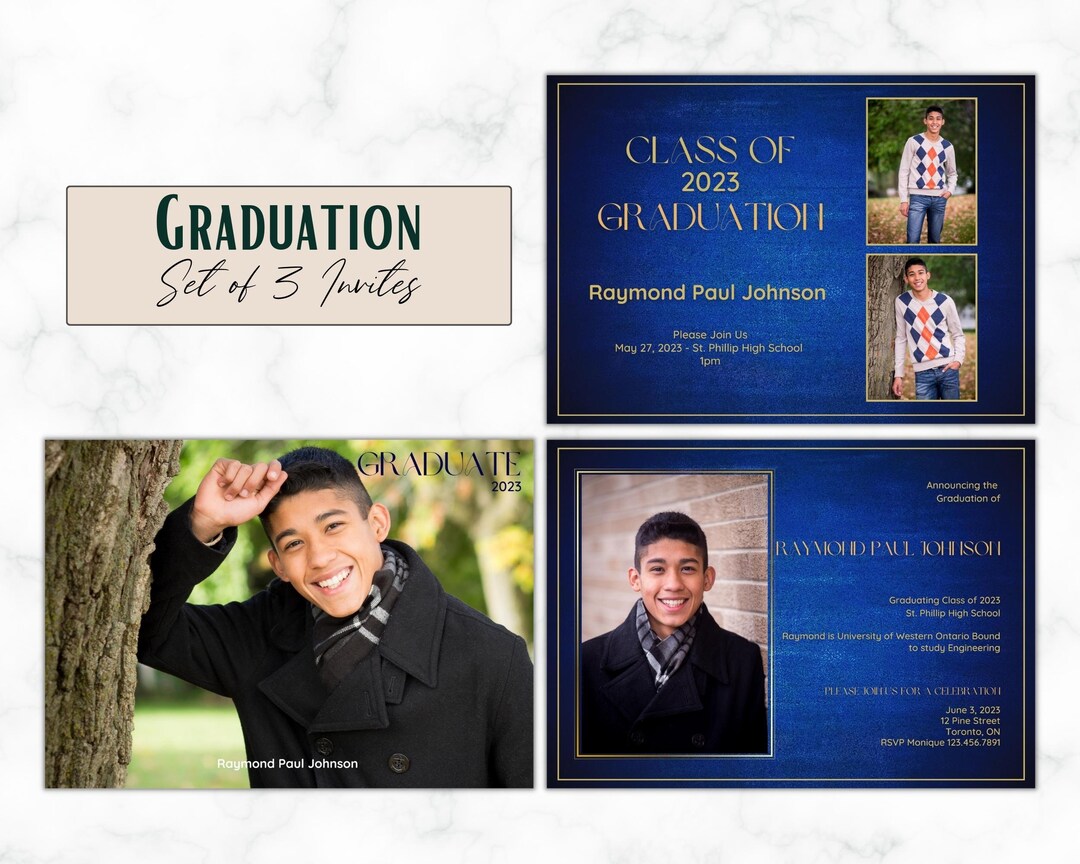 Custom School Colors Blue & Gold 2023 Grad Announcement - Set of 3 ...