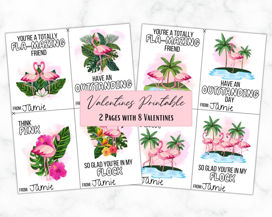Pink Flamingo Valentine's Day Cards - Set of 8 - Instant Download ...