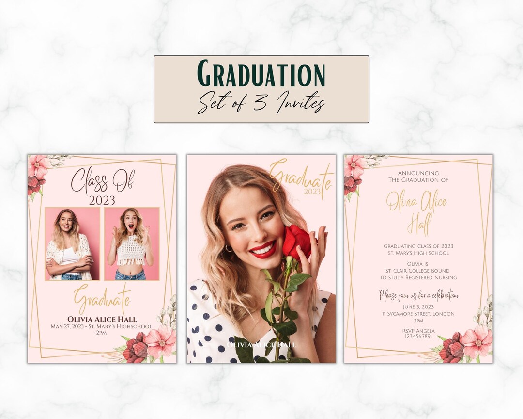 Custom Pink & Gold 2023 Grad Announcement - Set of 3 - Template ...