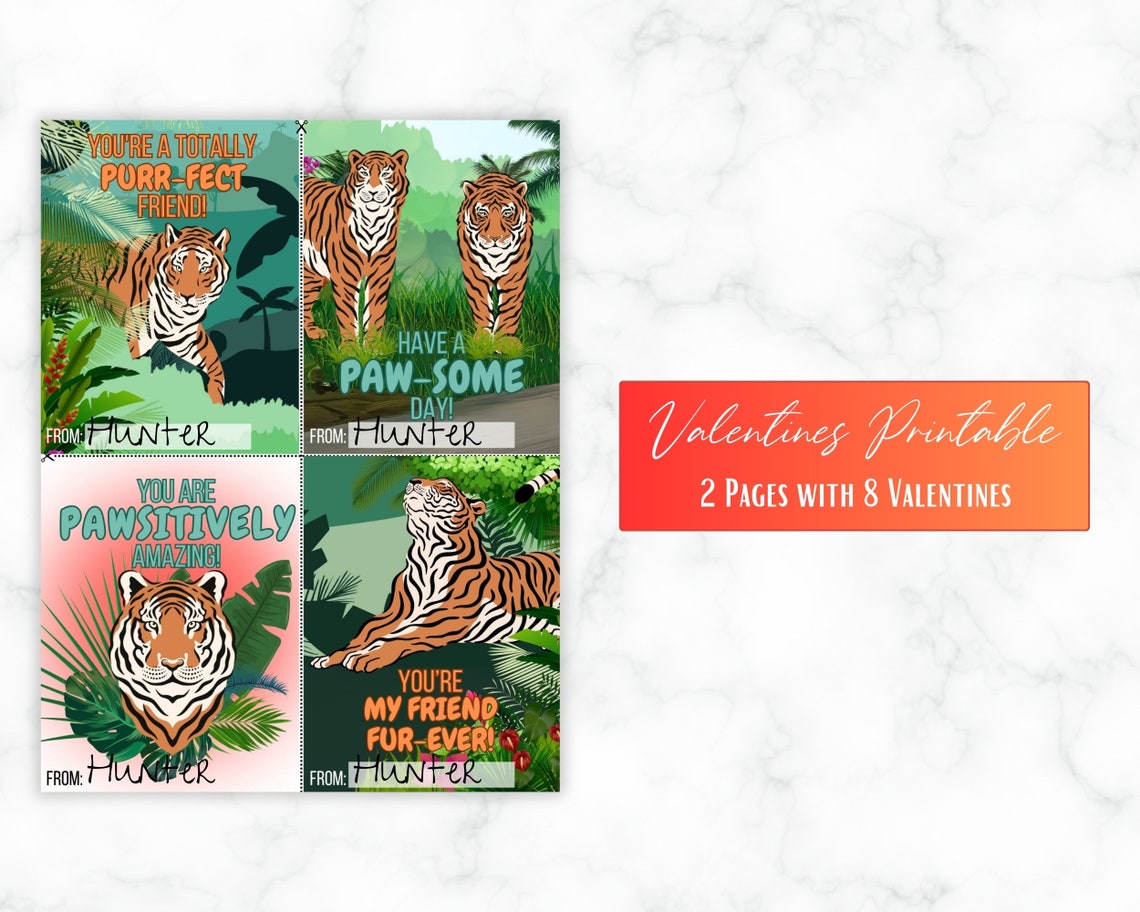 Tiger Valentine's Day Cards - Set of 8 - Instant Download - Printable ...