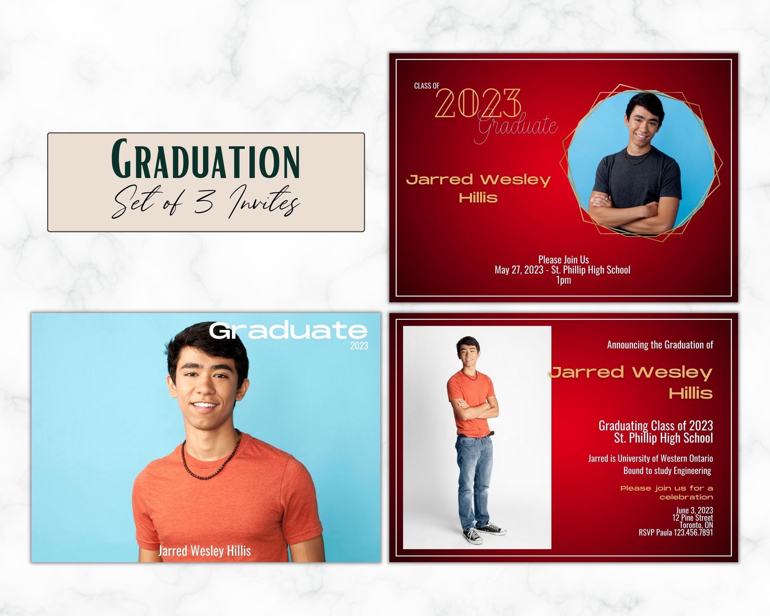 Custom School Colors Red & Gold 2023 Grad Announcement - Set of 3 ...