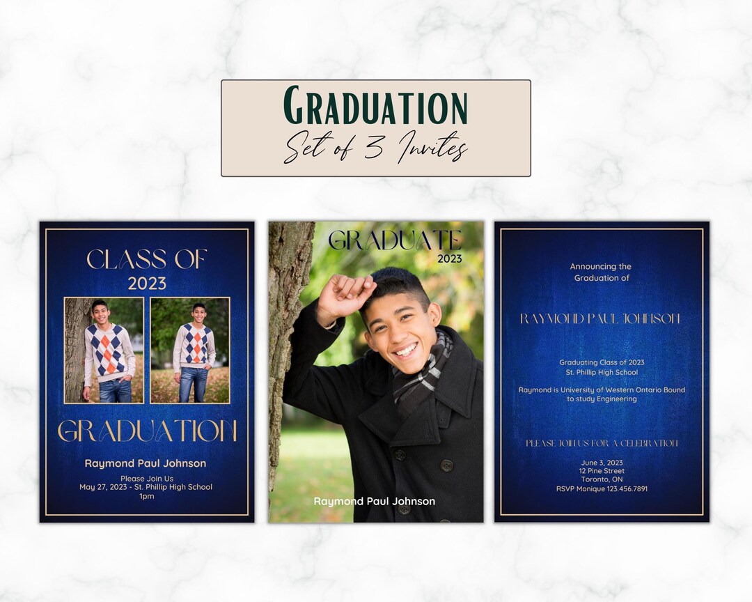 Custom School Colors Blue & Gold 2023 Grad Announcement - Set of 3 ...