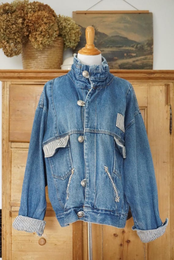 Vintage Denim Jacket - 80s Jean Jacket with Nautical … - Gem