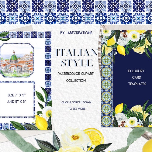 Mediterranean Tile and Floral Card Templates Watercolor. - Etsy