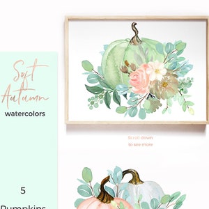 Soft Autumn. 5 Bouquets With Pumpkins | Pastel Watercolor Flowers ...