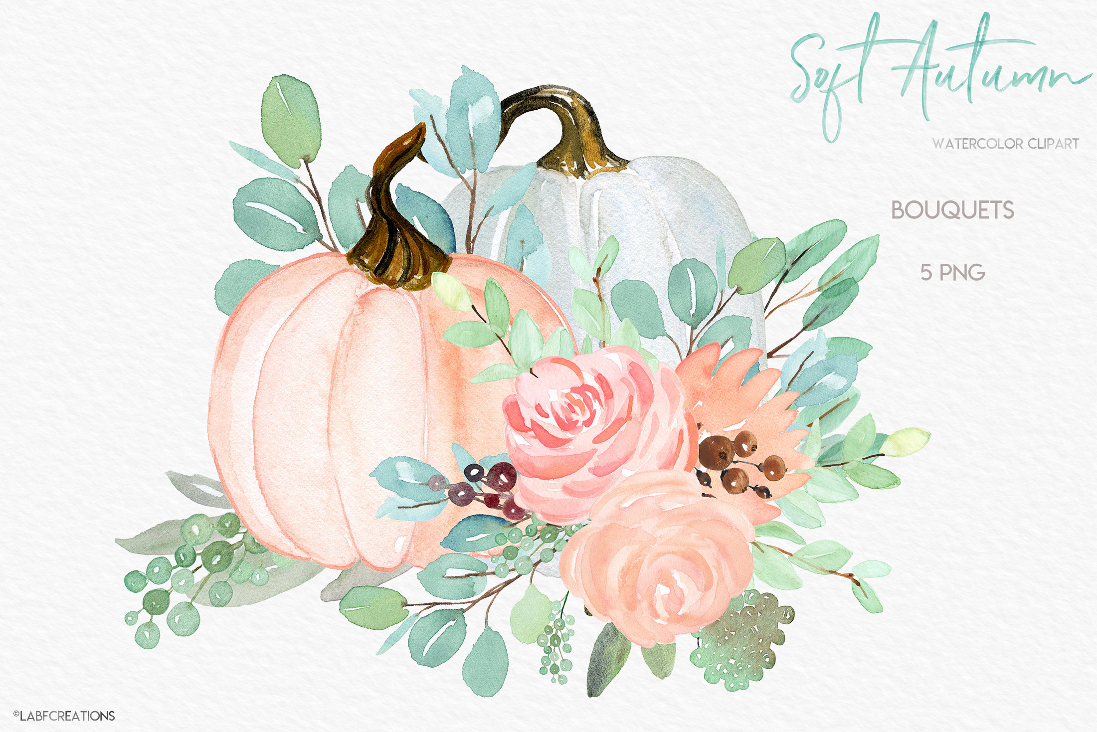 Soft Autumn. 5 Bouquets With Pumpkins | Pastel Watercolor Flowers ...