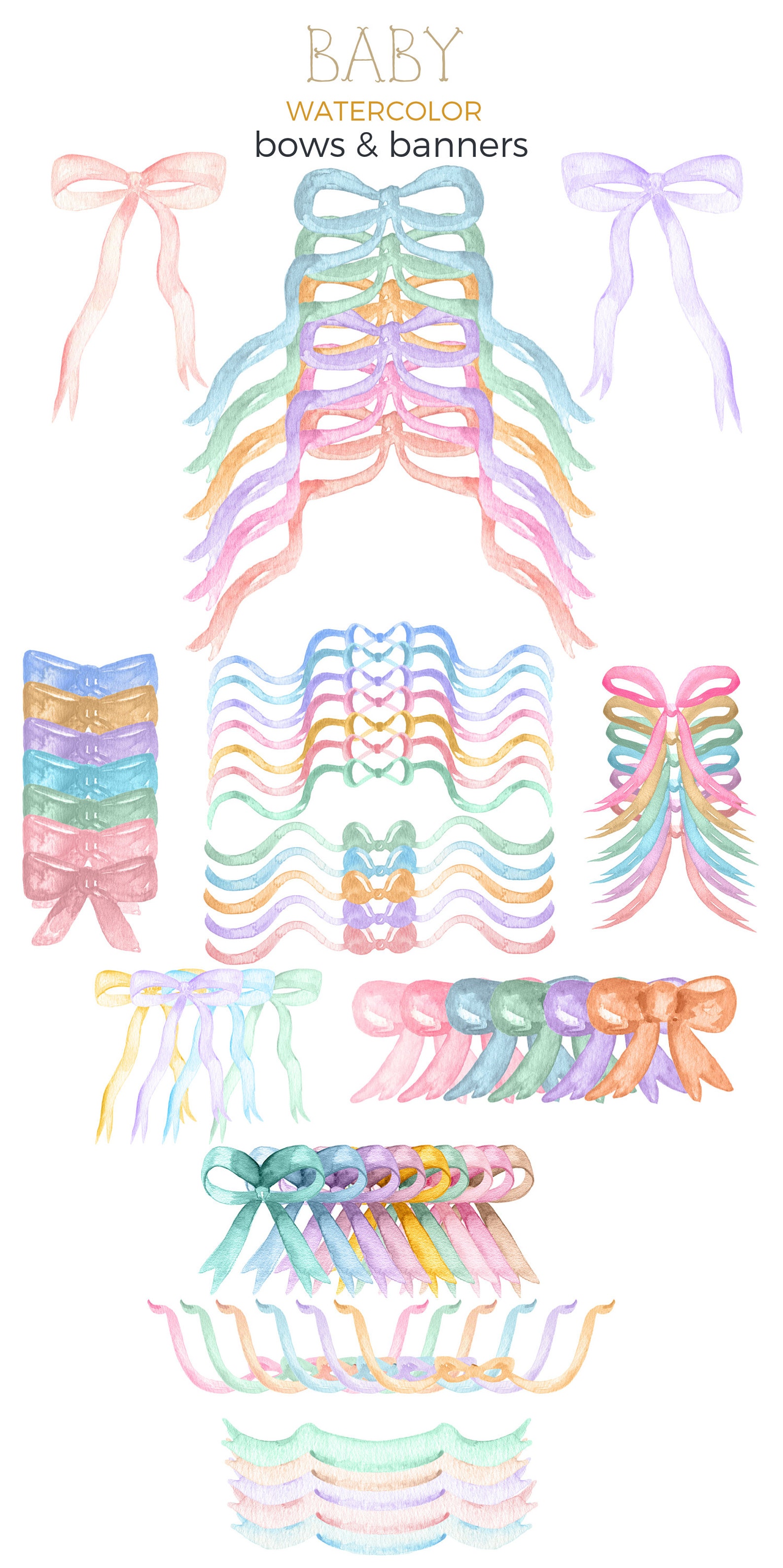 Watercolor Bows and Banners Clipart. Baby Shower. Nursery Art. Kids ...