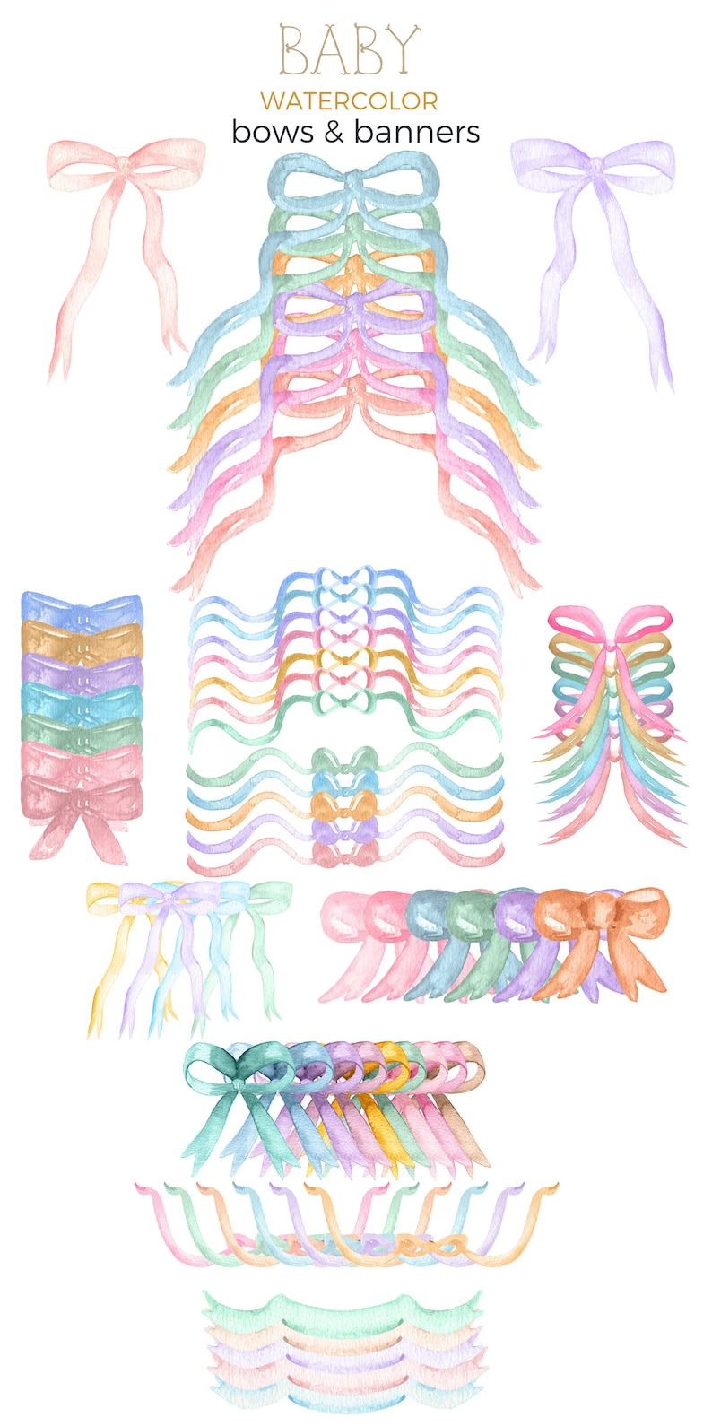 Watercolor Bows and Banners Clipart. Baby Shower. Nursery Art. Kids ...