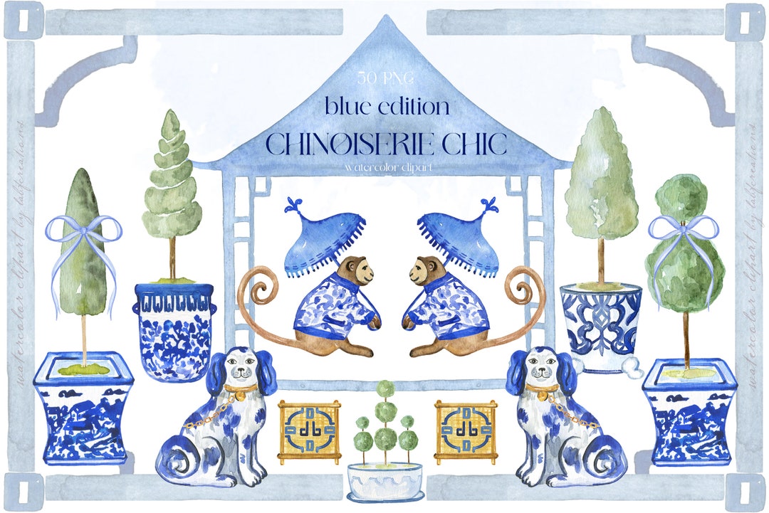 Blue Chinoiserie Chic Topiary | Watercolor Clipart | Chinoiserie Print ...