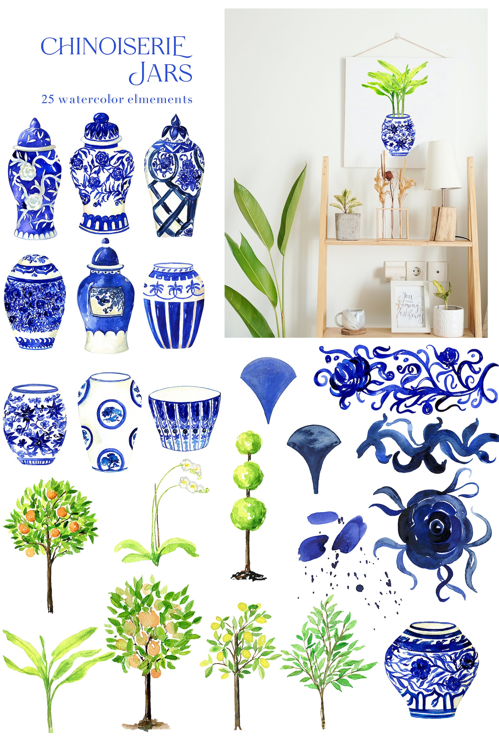 Chinoiserie Blue Jars Watercolor Clipart Watercolor Blue | Etsy