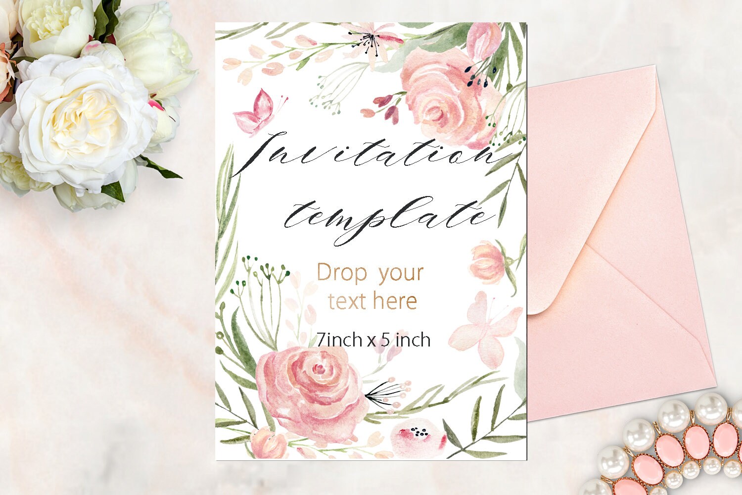 Watercolor flowers invitations template. Soft pink roses | Etsy