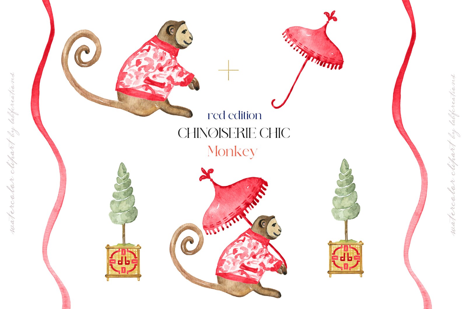 Red Chinoiserie Chic Topiary | Watercolor Clipart | Chinoiserie Print ...