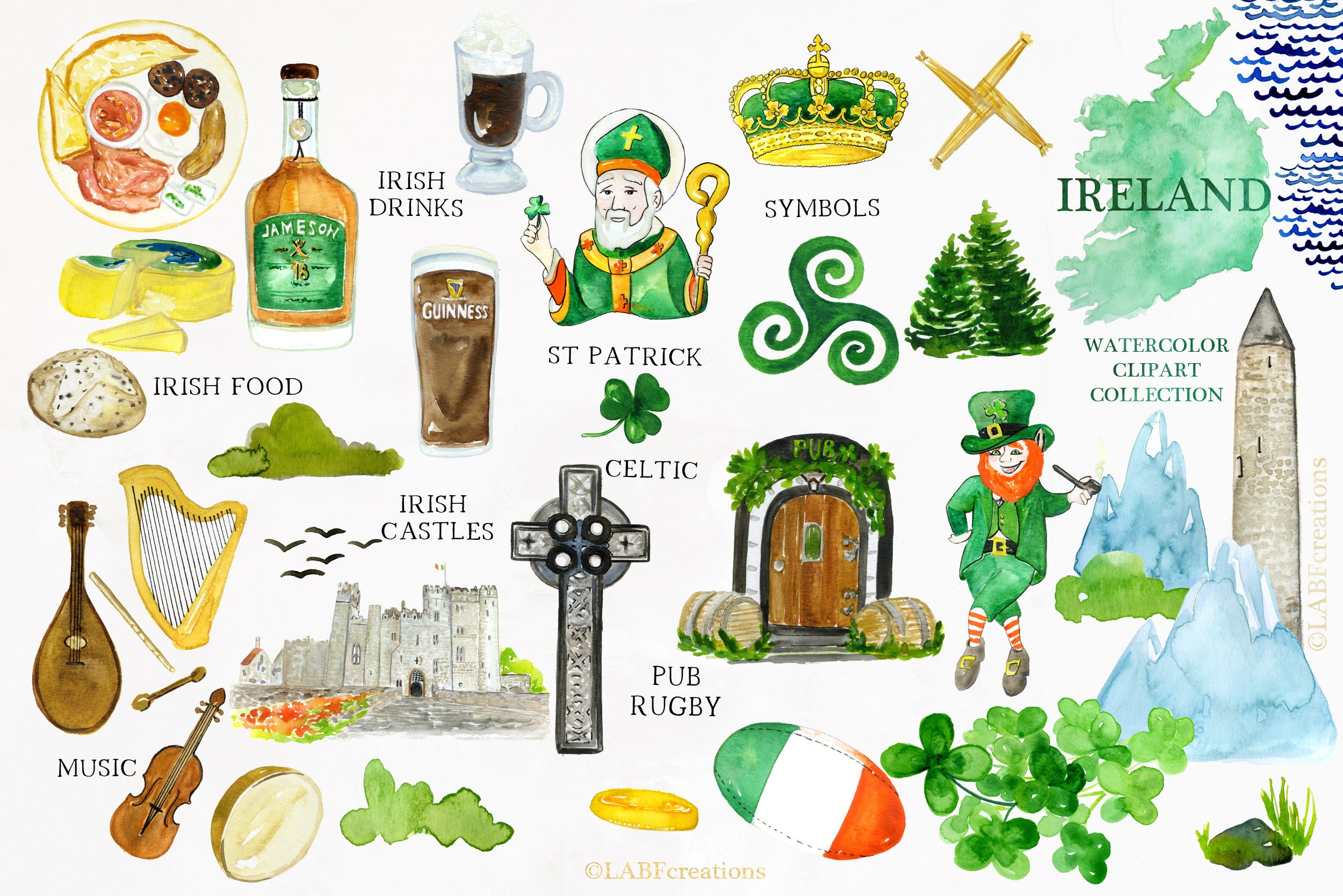 St Patricks Day. Ireland. Watercolor Map. Landmarks and | Etsy